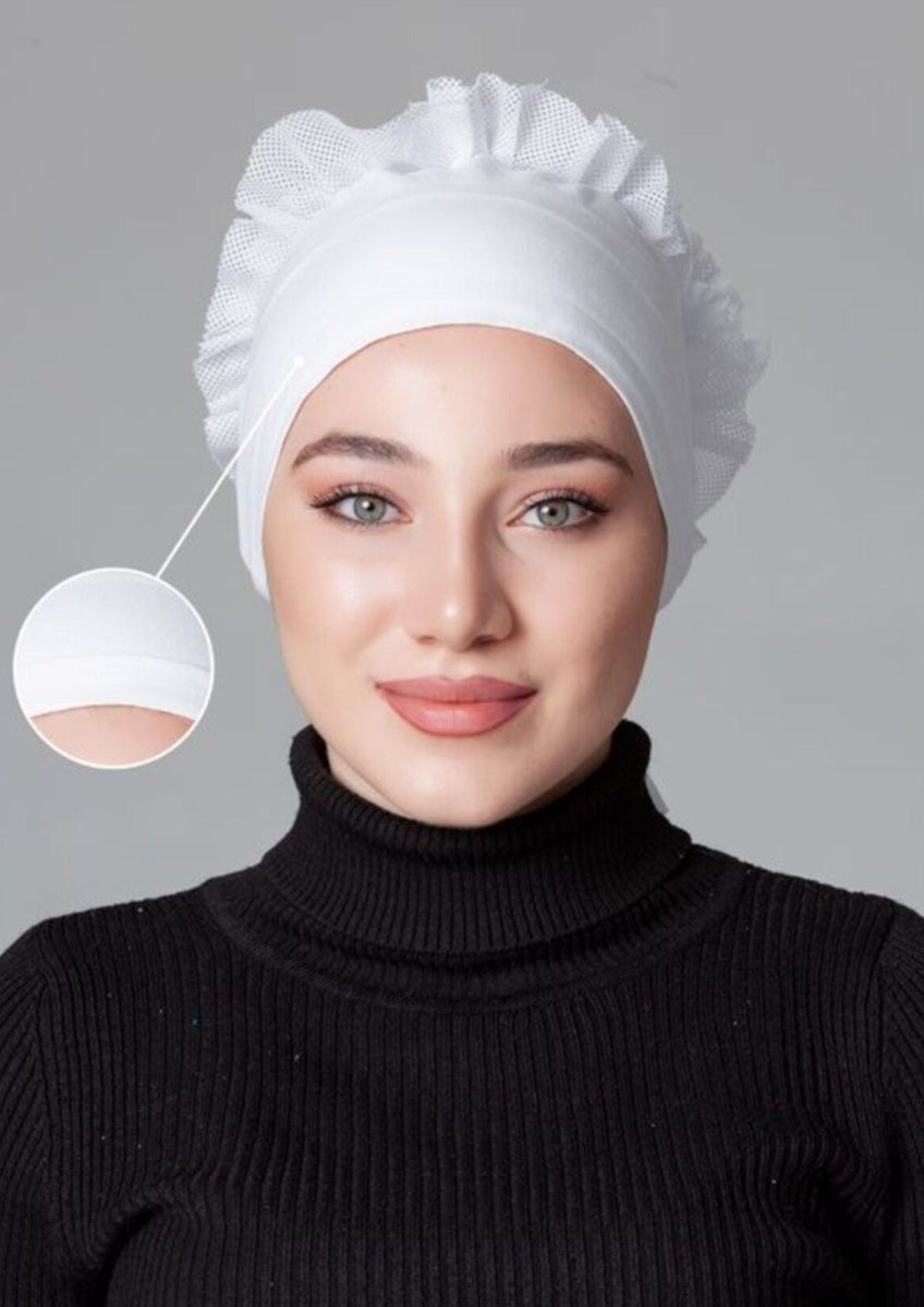 Volumizer under-scarf cap | Tie-back bonnet | White